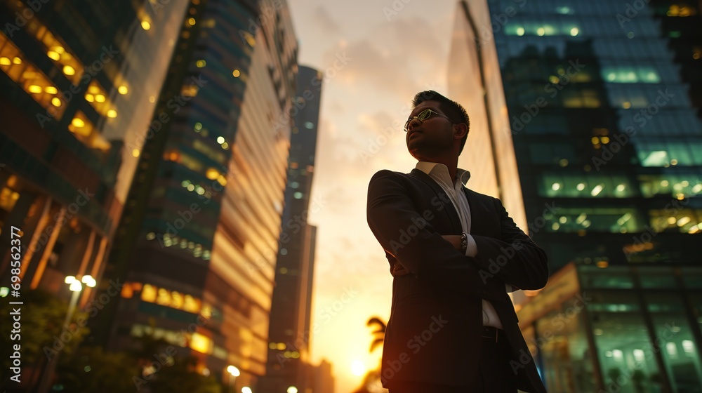 Happy wealthy rich successful indian business man standing in big city ...