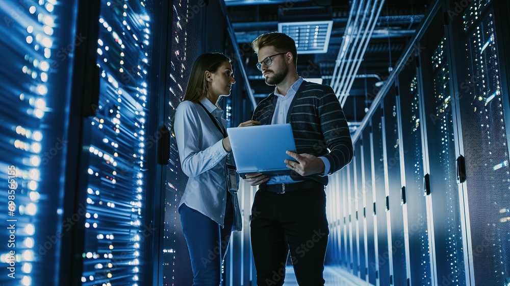 Male IT Specialist Holds Laptop and Discusses Work with Female Server ...