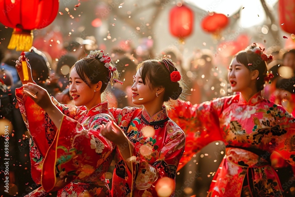 Group of Asian women in traditional costume celebrating Chinese Lunar ...
