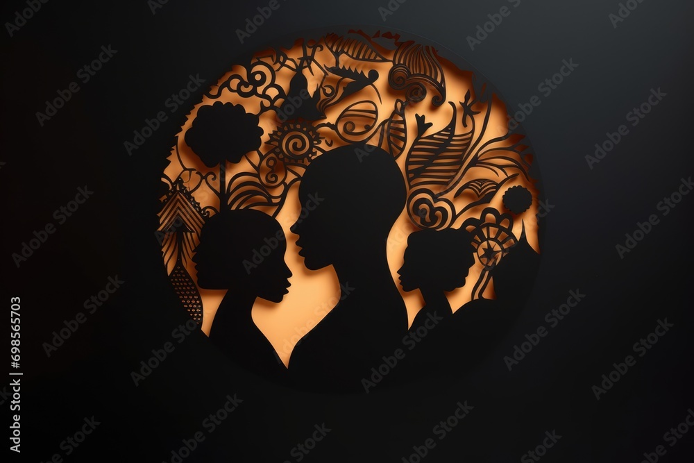 Black History Month color background. Black paper cut people silhouette ...
