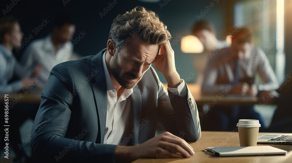 Mental health, businessman with a headache and at a business meeting ...