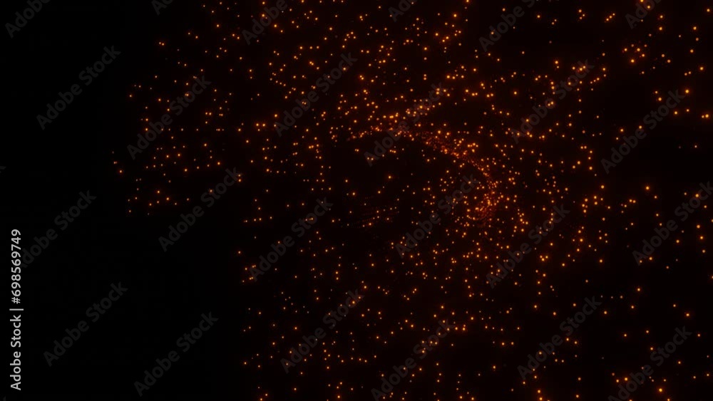 Blinking and glowing red-orange particles move chaotically on a black ...