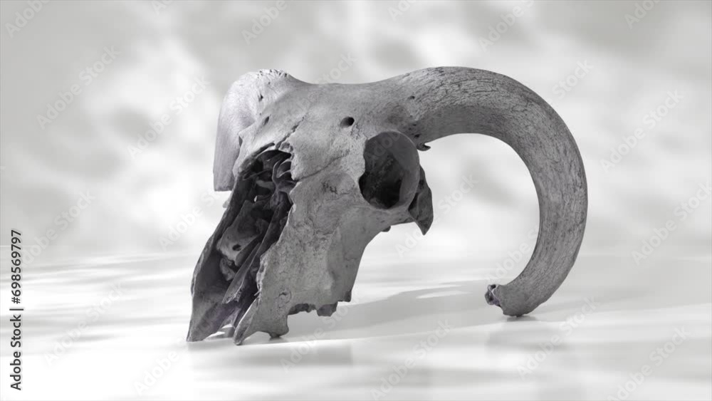A 3D rendered goat skull emerges from a reflective surface, set against ...