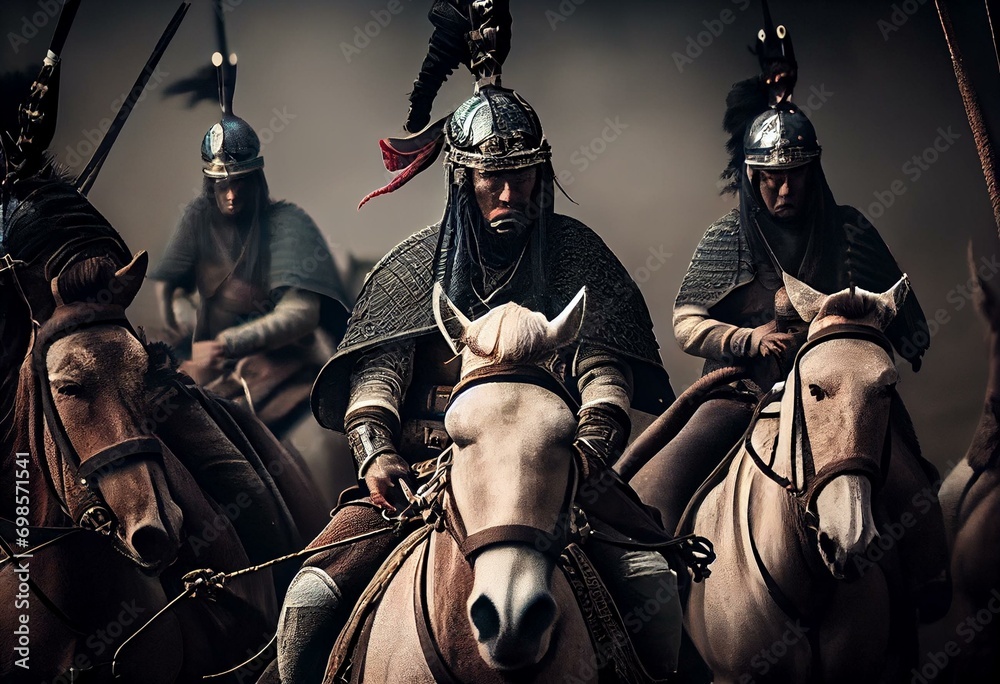 Mongol cavalry led by Genghis Khan. Ancient army of armed horseback soldiers riding on horses ...