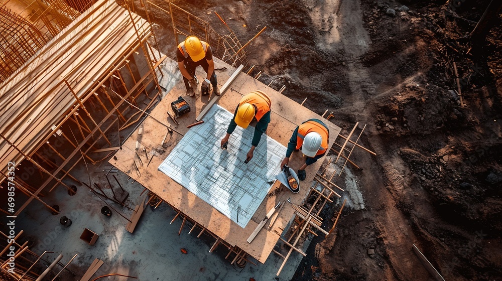 Top view, construction workers or blueprint planning in house, home or ...