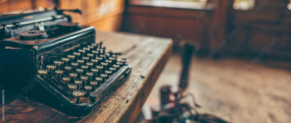 An old typewriter is placed on the left side, a beautiful picture, an ...