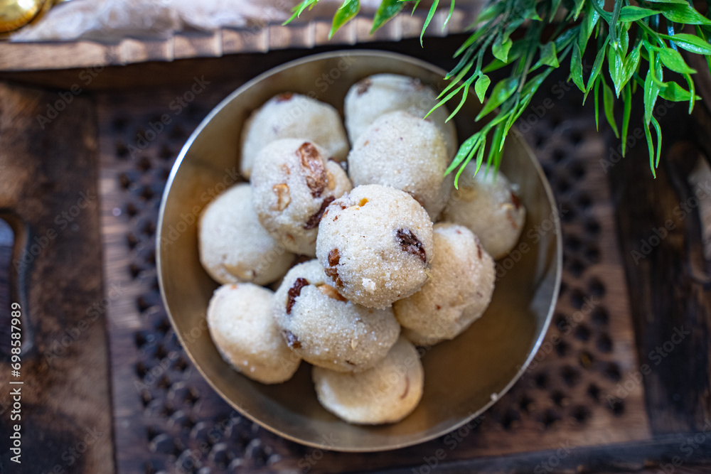 Top view of delicious Indian rava laddu sweets in a bowl, Rava Laddu ...