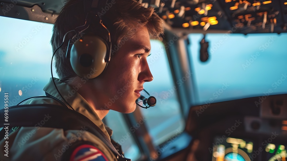 Focused young pilot in cockpit at dusk, wearing headset, preparing for ...