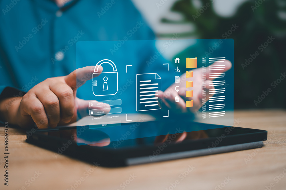 Document management system security concept, Businessman use tablet ...
