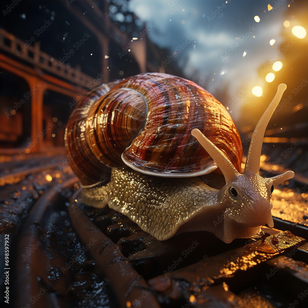 Mutant snail in shape of train with many horns slowly crawling along rails. Unusual nature and ...