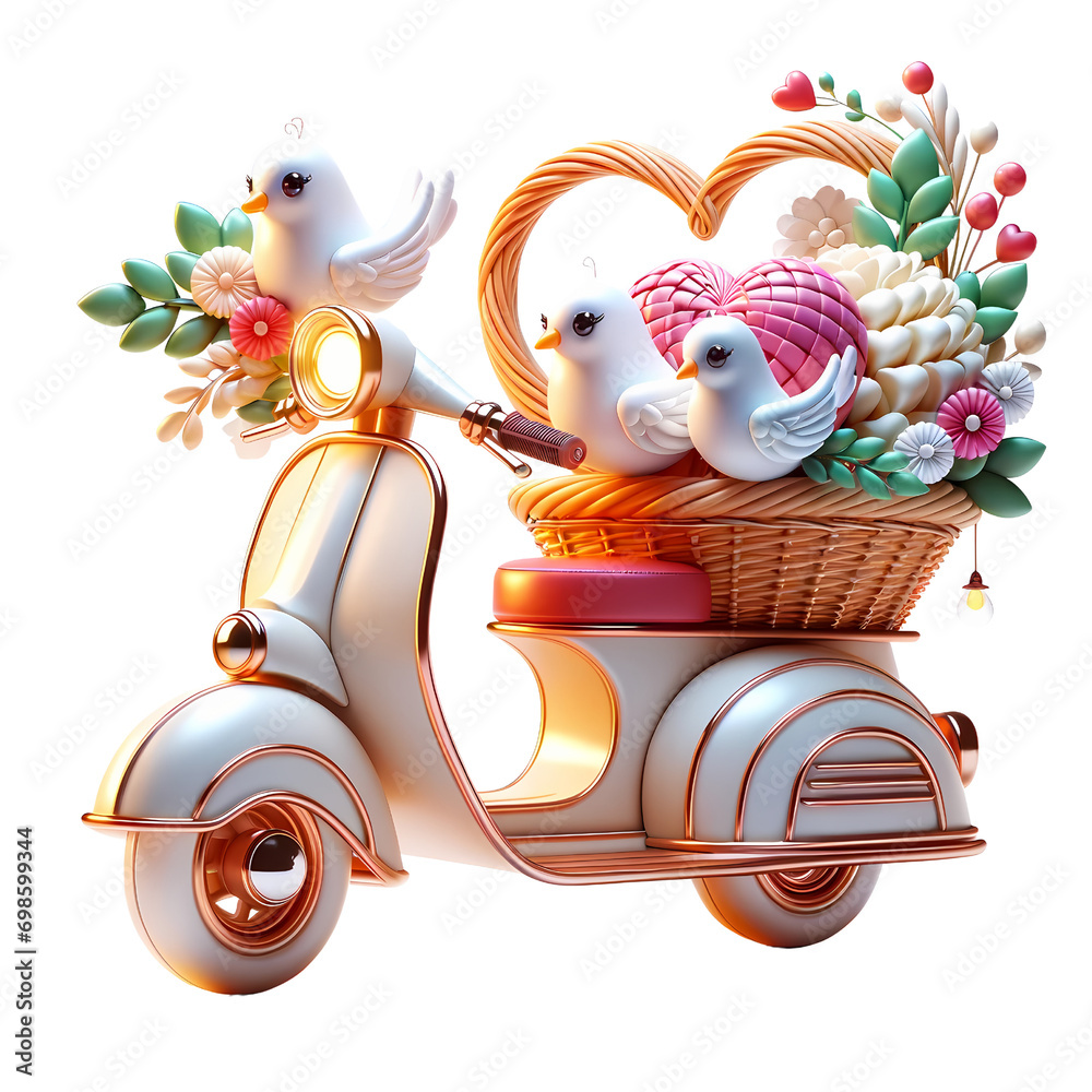 A 3D-style cute scooter with a basket full of heart-shaped bouquets ...
