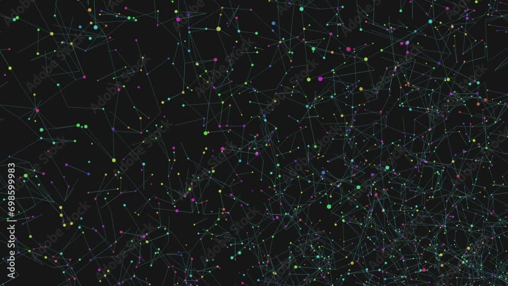 This black and white image uses colorful dots and lines to depict a ...