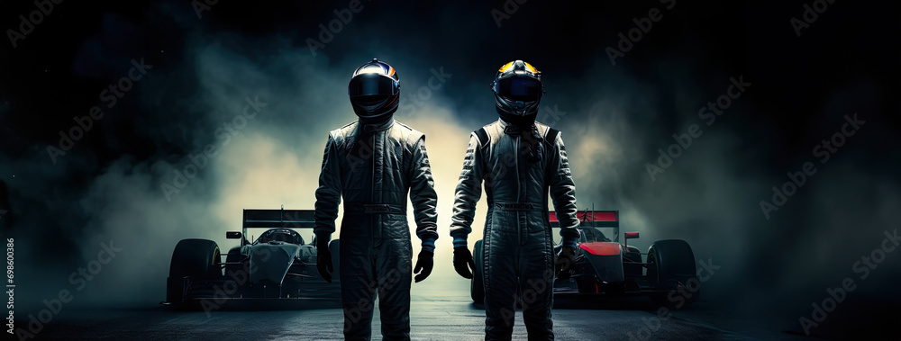 Men, racers in leather costumes and helmet standing in a line over dark ...