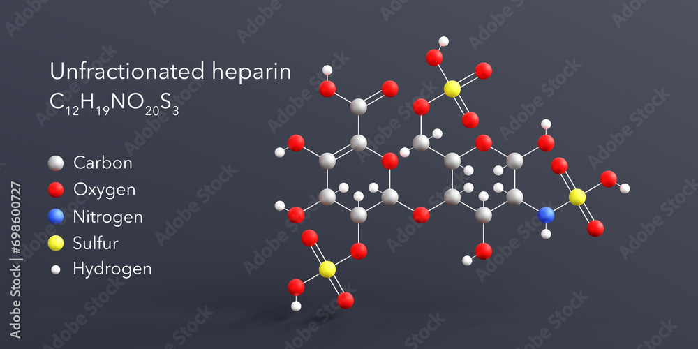 unfractionated heparin molecule 3d rendering, flat molecular structure ...