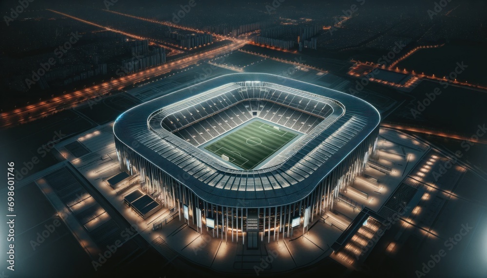 Aerial view of football stadium, arena in evening with flashlight ...