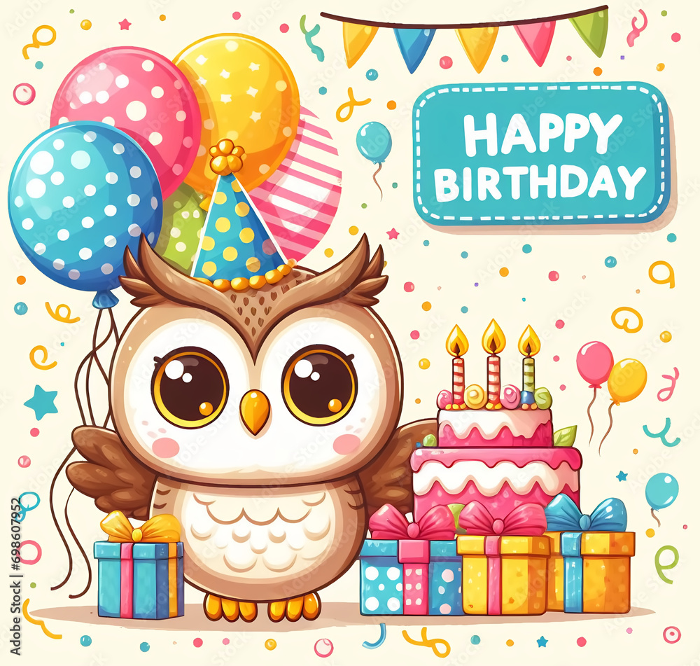 Owl themed birthday card, cartoon owl with party hat holding balloon ...