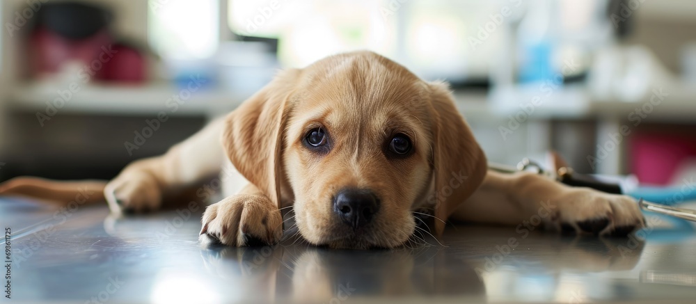 Labrador puppy getting vaccinated at the vet, lying on the exam table ...