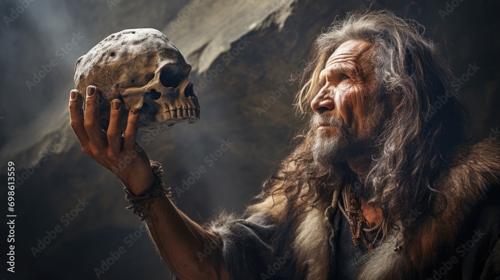 Primal Discovery: Neanderthal Caveman Observes Intently a Skull in His ...
