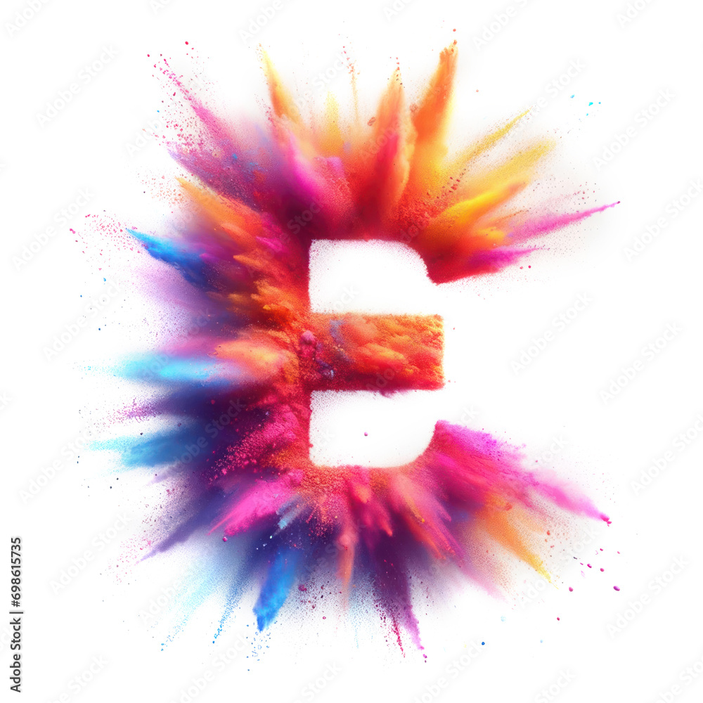 Letter E - Colored powder explosion font isolated on white background ...