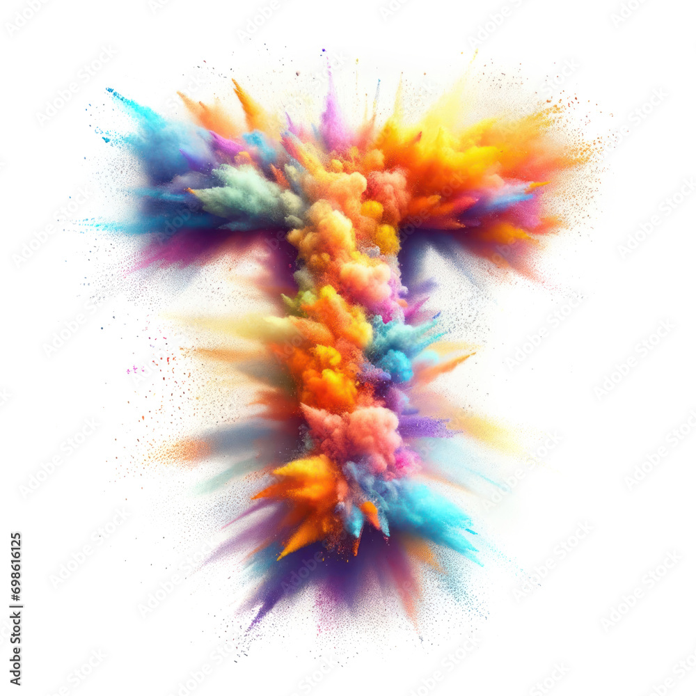 Letter T - Colored powder explosion font isolated on white background ...