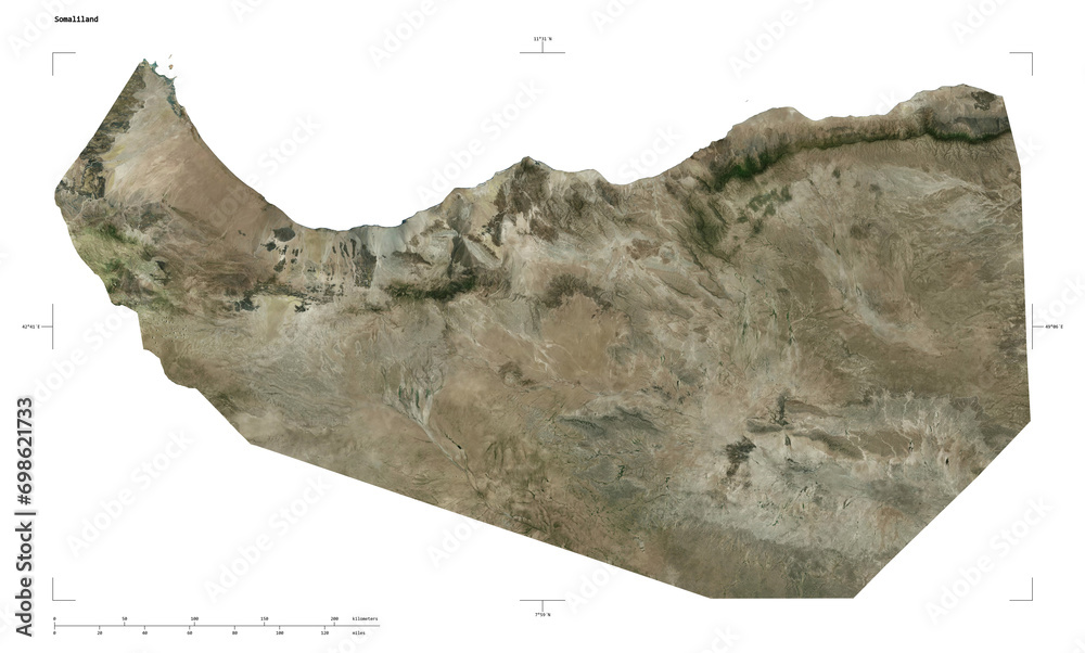 Somaliland shape isolated on white. High-res satellite map Stock ...