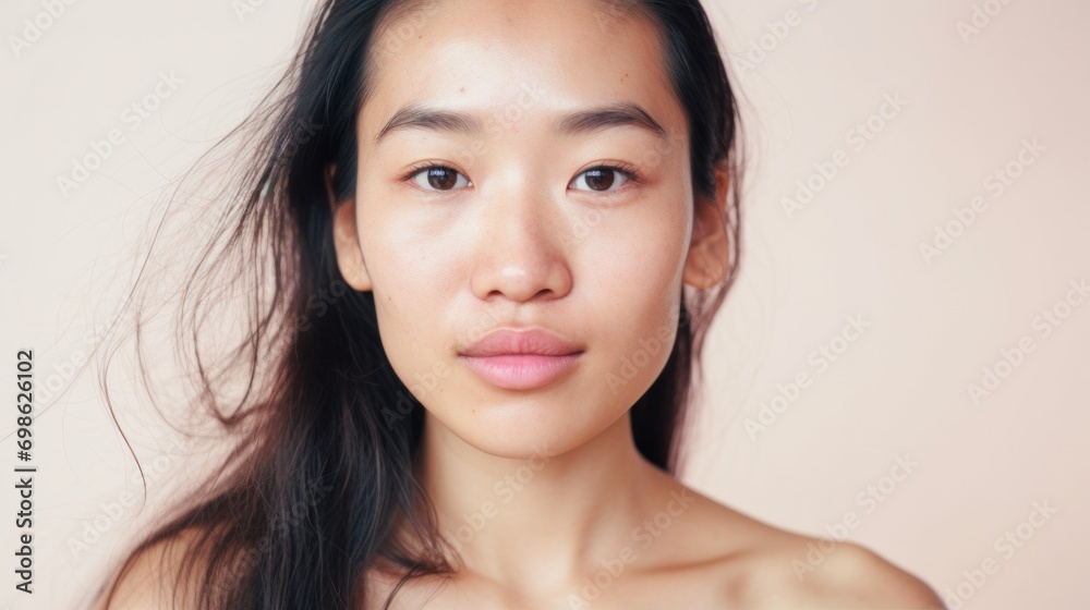 The camera captures the unique features and imperfections of an Asian ...