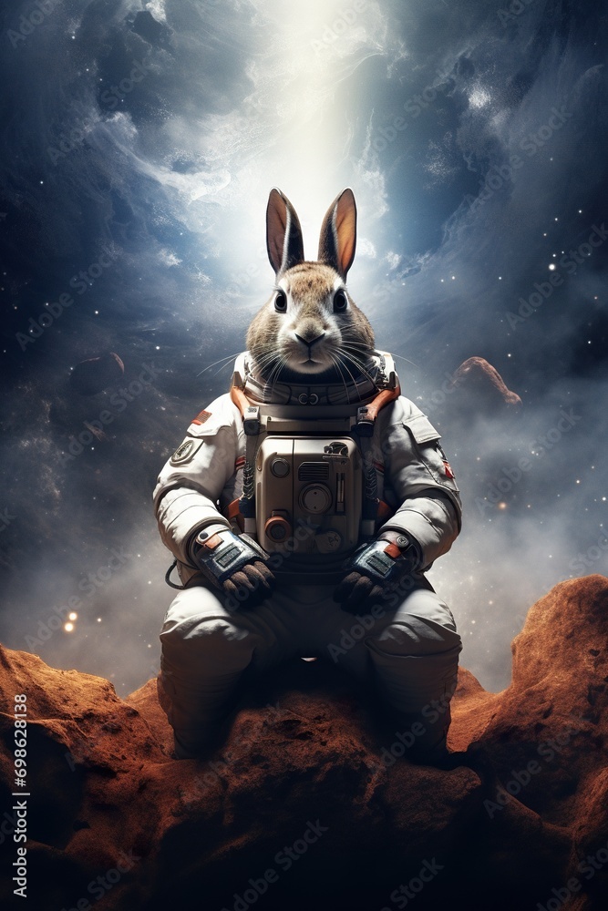 cute rabbit astronaut in space suit sitting and meditating on alien ...