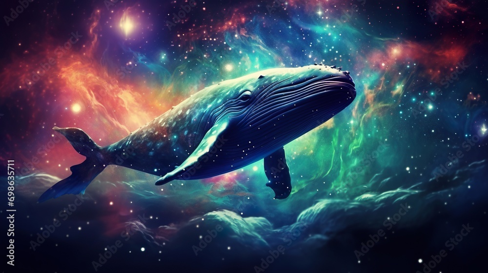 colorful stylish illustration of fantastic whale swimming in outer ...