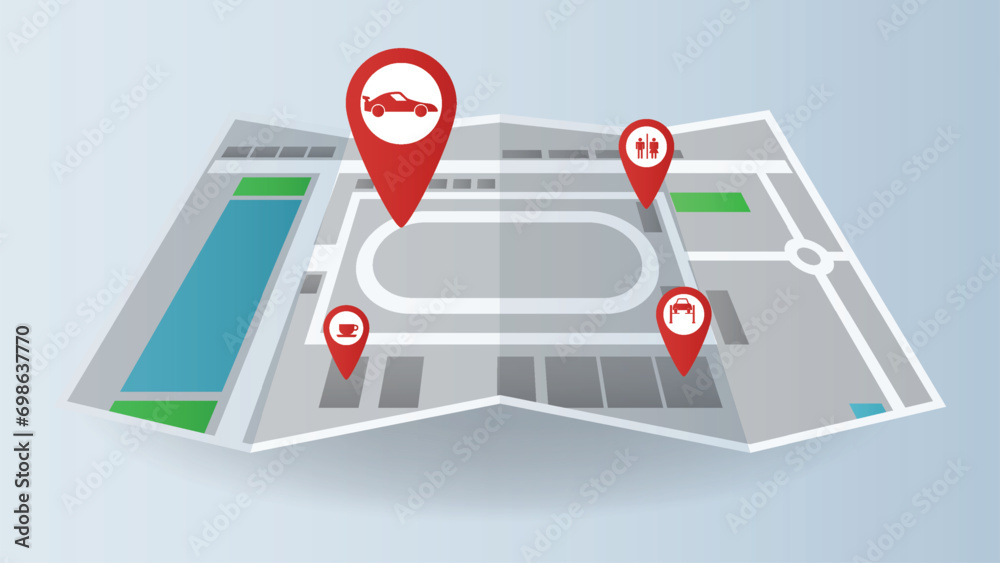 flat background of location city racetrack map fold page printing with ...