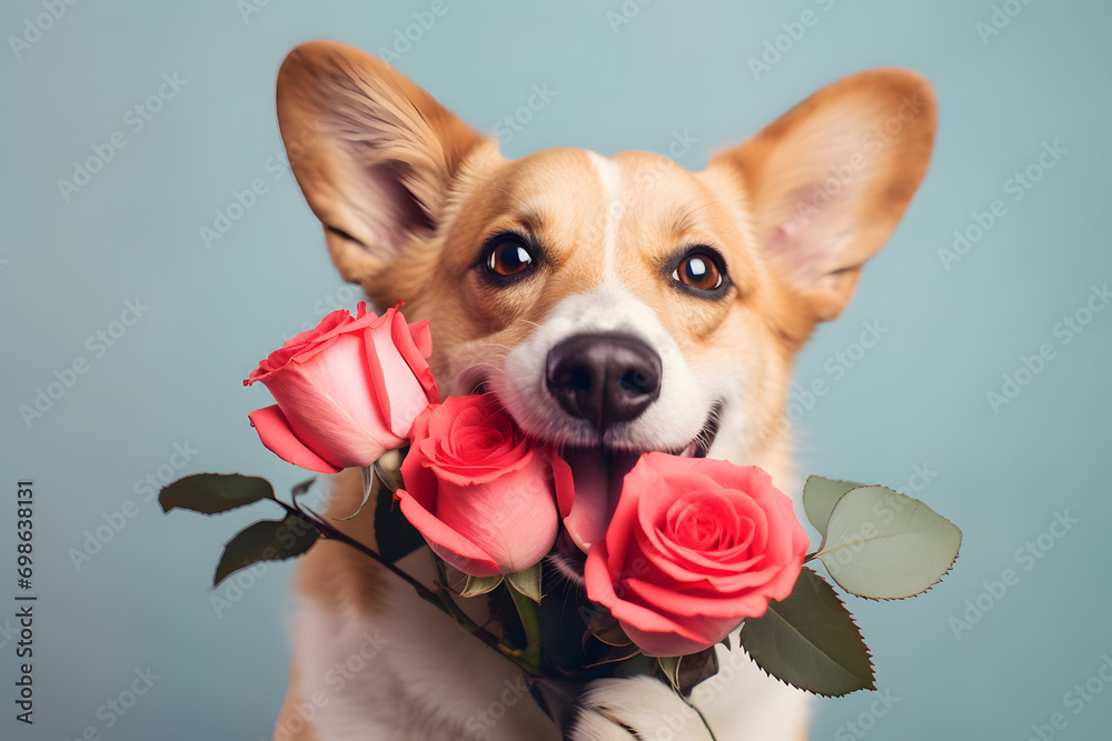 Welsh Corgi dog with pink rose flowers in front of pastel blue studio ...