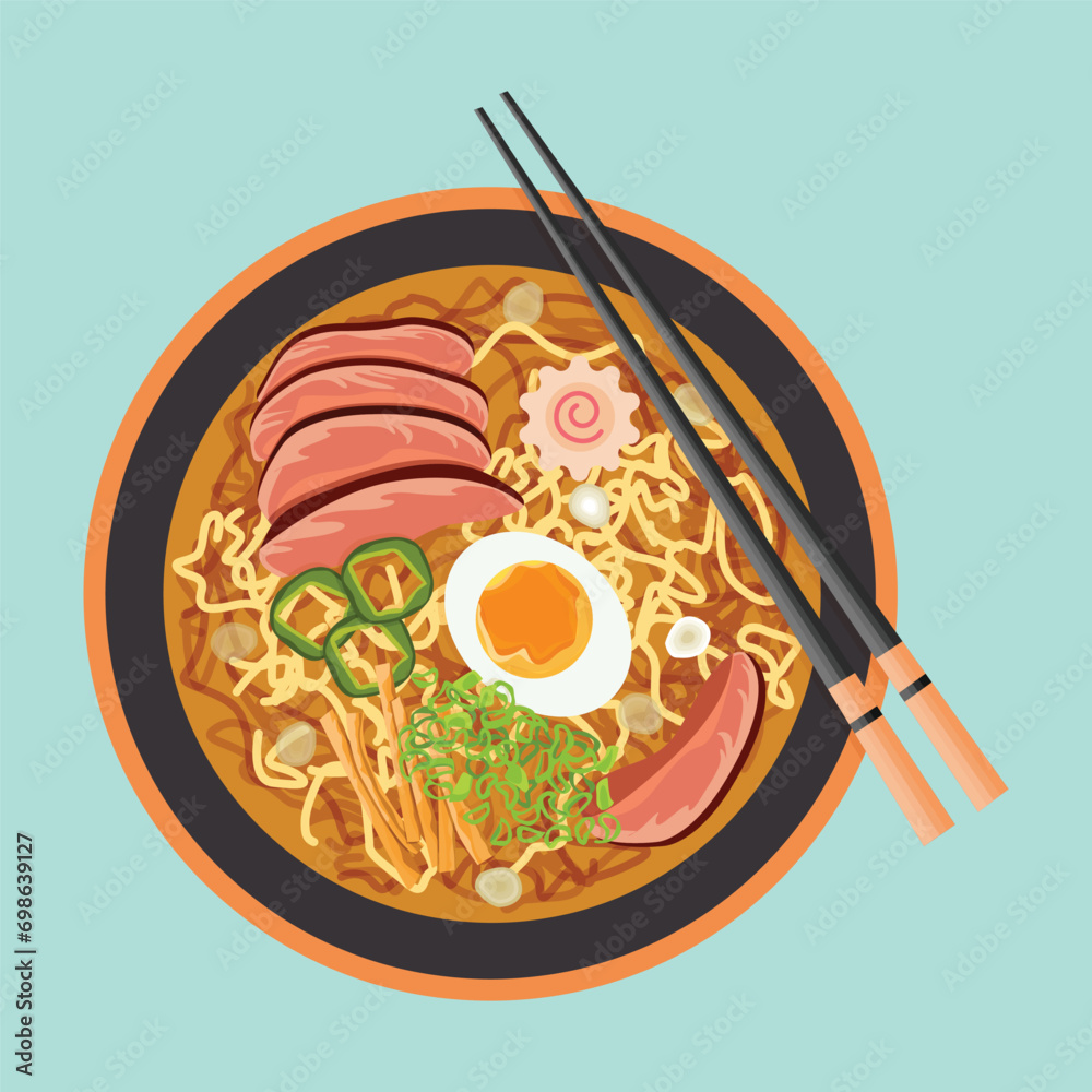 Vector flat cartoon illustration of Japanese ramen on a bowl with ...