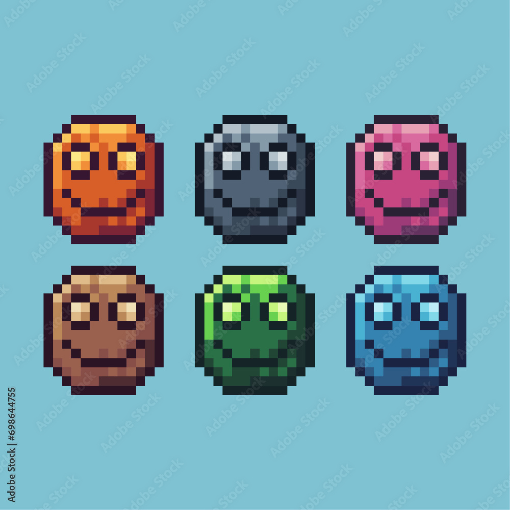 Pixel art sets of happy emoji icon with variation color item asset ...