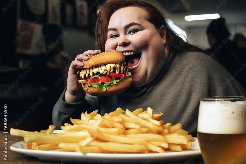 Fat girl eating hamburger in fast food restaurant. A girl with an obese ...