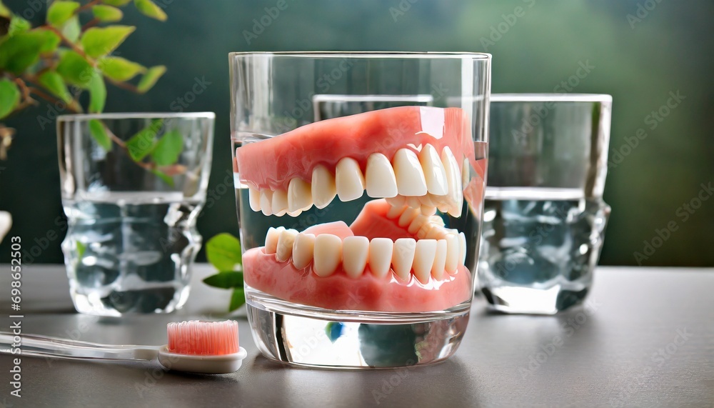 Denture inside glass of water. Teeth hygiene, care, prevention. Stock ...