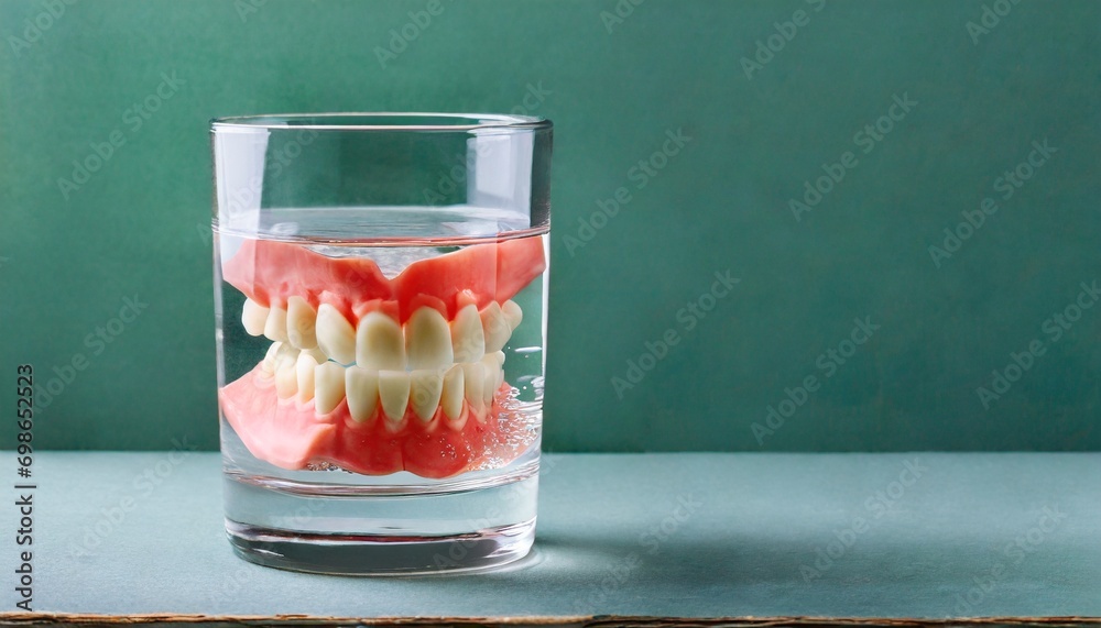 Denture inside glass of water. Teeth hygiene, care, prevention. Stock ...