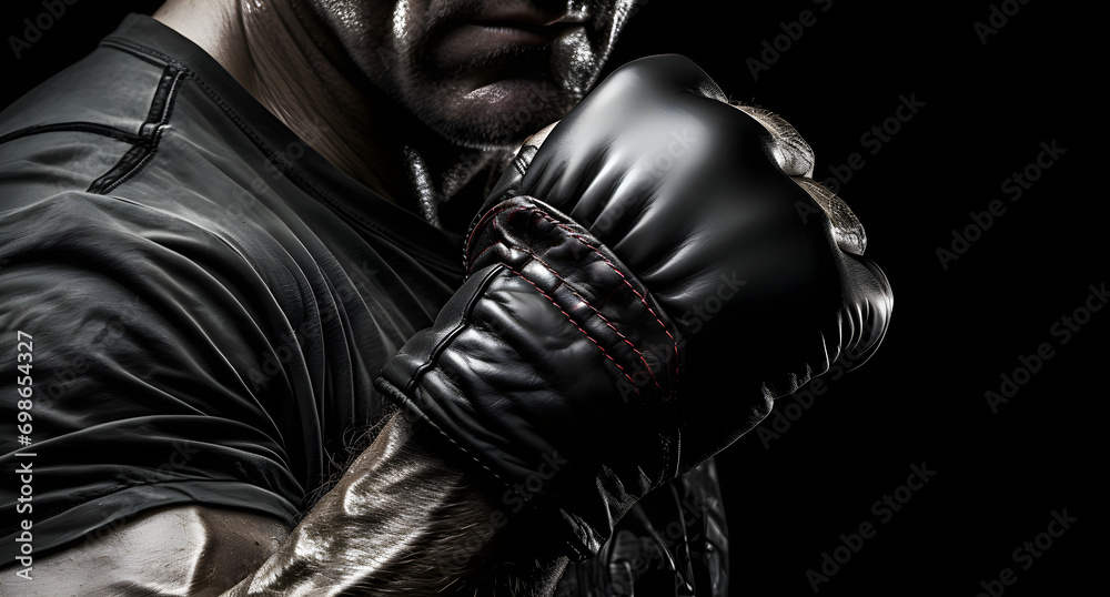 man's clenched fist wearing a black boxing glove with red stitching is ...