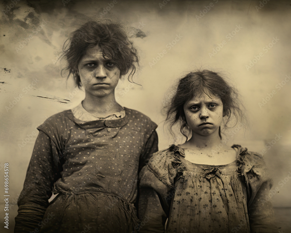 Two poor girls portrait in style of 1920s black and white photography ...