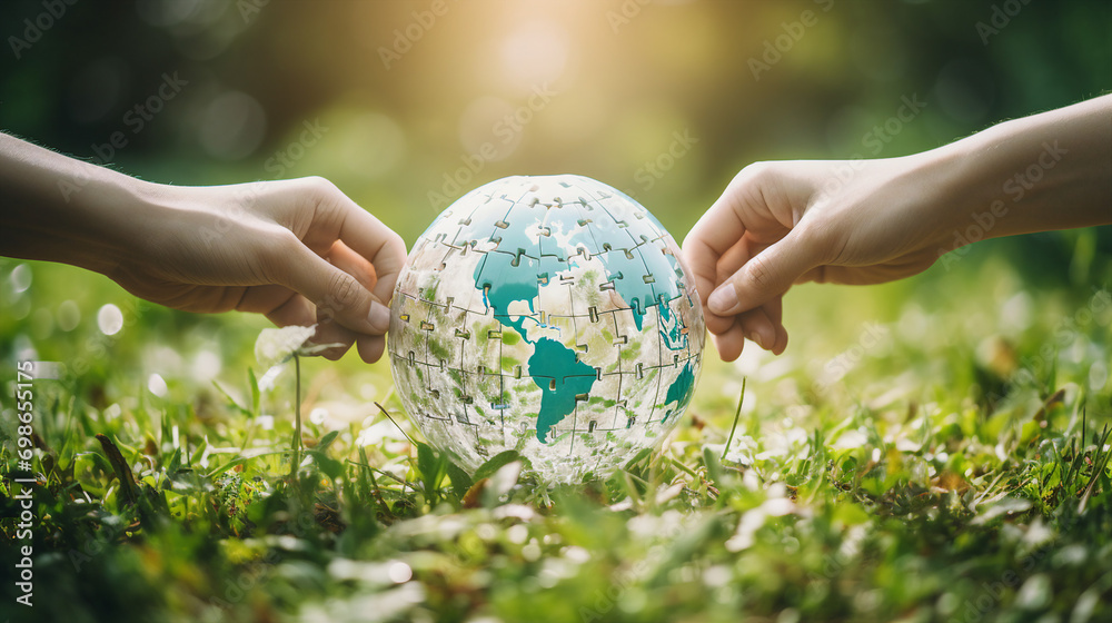 Global Unity and Collaboration: Hands Holding White Jigsaw with Glass ...