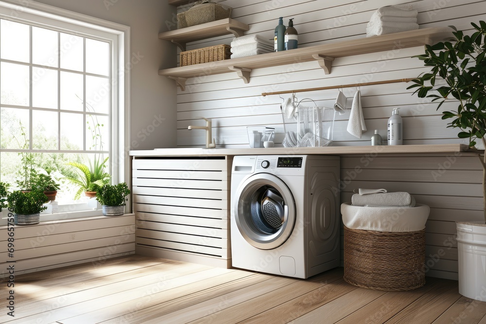 Interior of laundry room with washing machine and shelving unit with ...