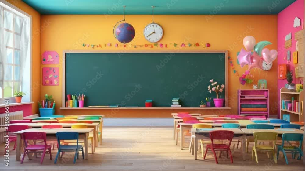 Big Blackboard in a cute colorful classroom. seamless time lapse ...