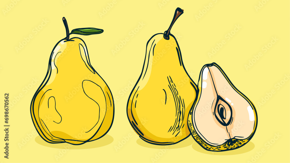 Set of Pear fruit, Vector illustration in one line sketch style, flat ...