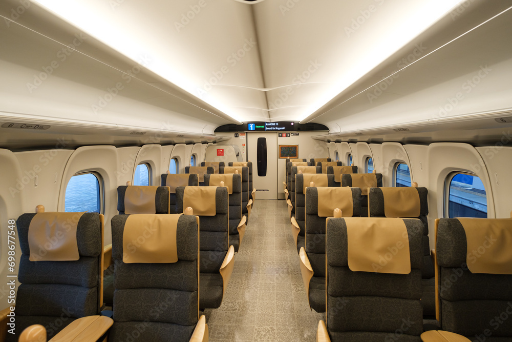 NAGASAKI, JAPAN - DEC 15, 2023: Interior of N700S series Nishi Kyushu Shinkansen Kamome train ...