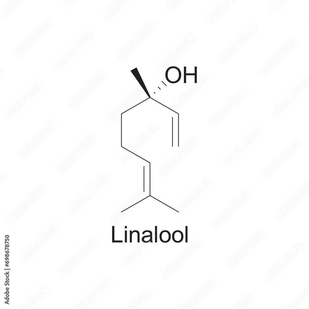 Linalool skeletal structure diagram.Monoterpenoid compound molecule scientific illustration on ...