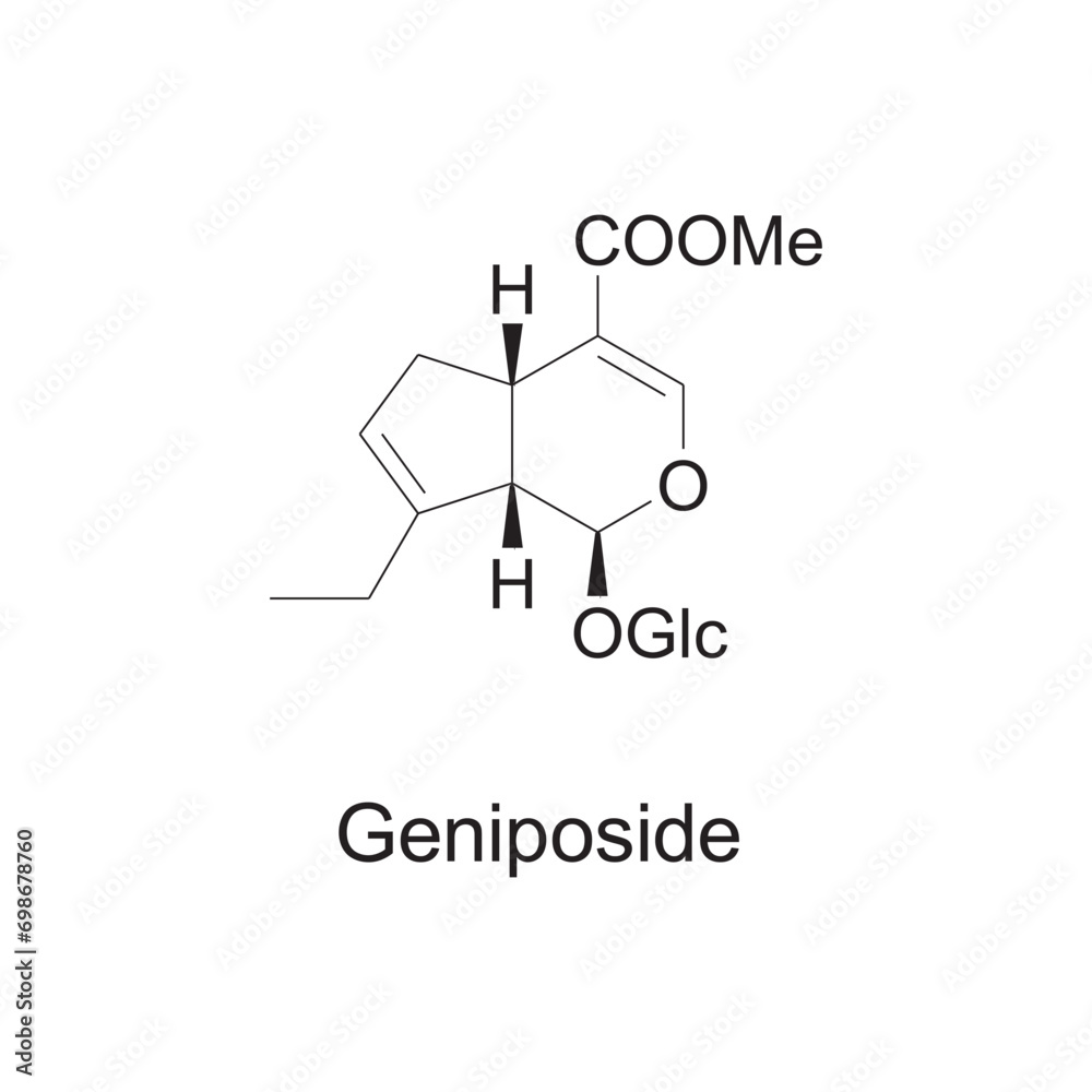Geniposide skeletal structure diagram.Monoterpenoid compound molecule ...
