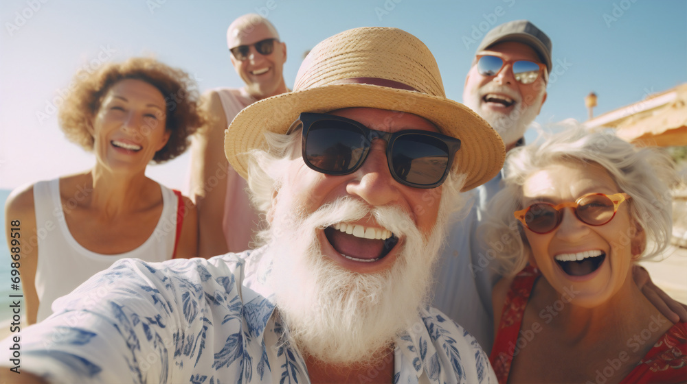 A jovial group of older adults shares a selfie moment, their radiant ...