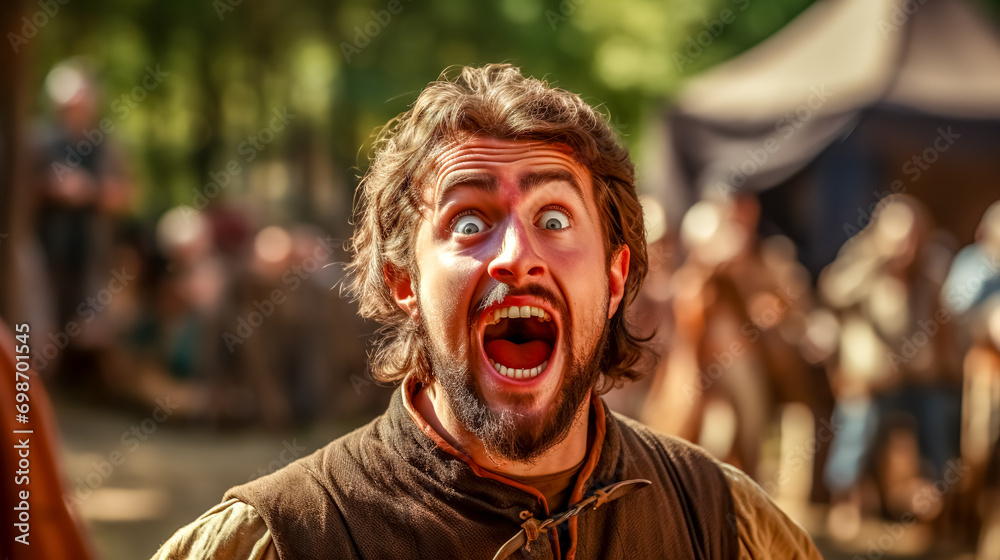 man with a beard and long hair, wearing historical clothing, his face ...