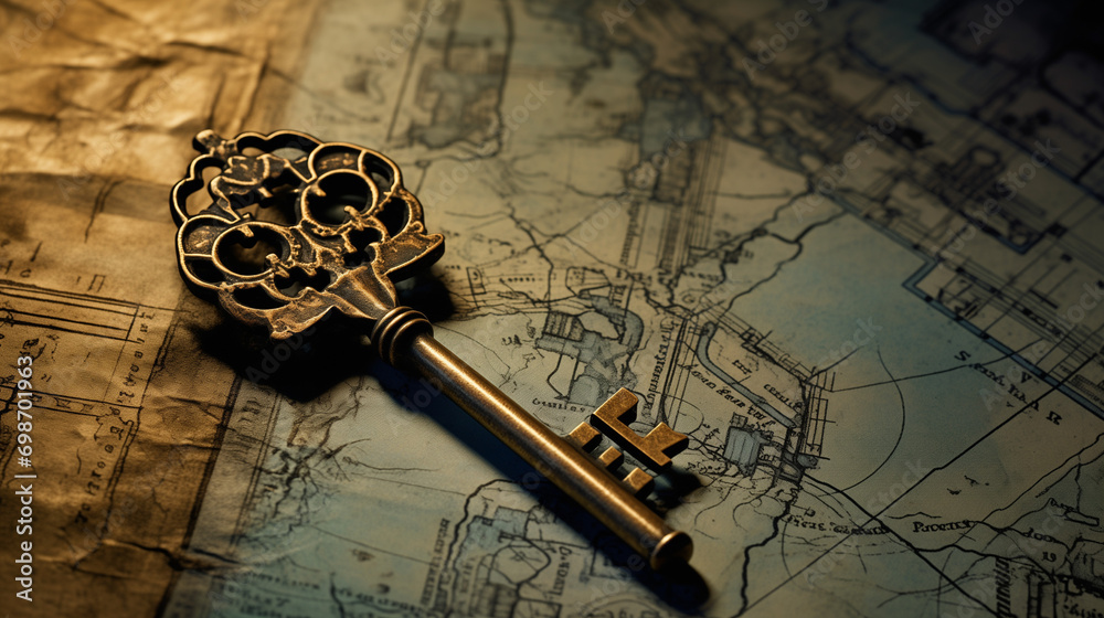 an antique key on a map, where the key is ornately designed and rests ...
