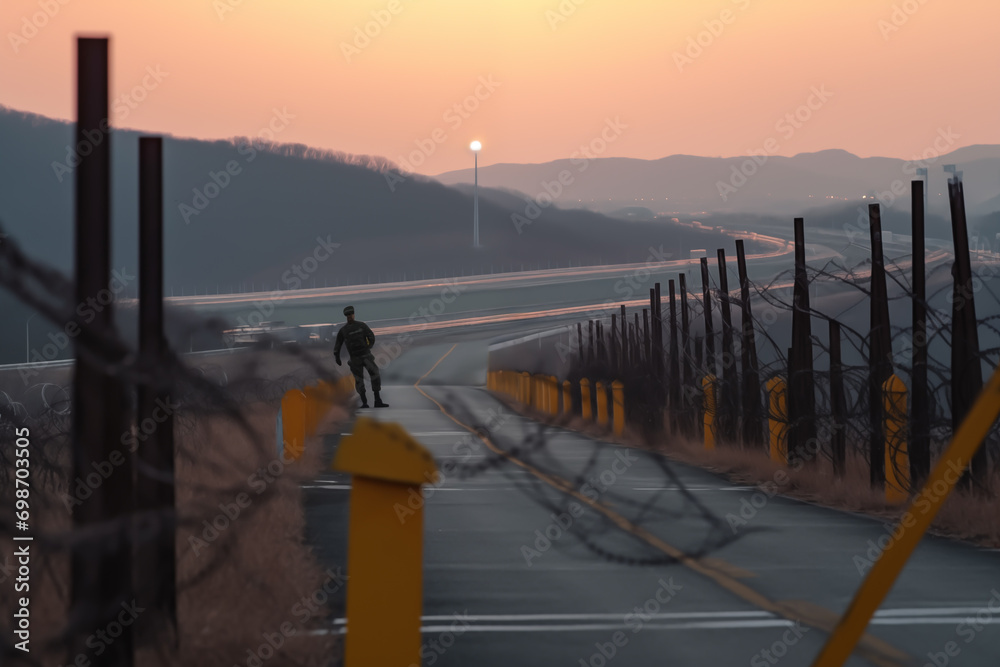 Border of South Kore and North Korea. Border with barbed wire on fence ...