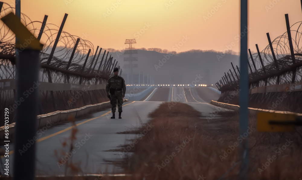 Border of South Kore and North Korea. Border with barbed wire on fence ...