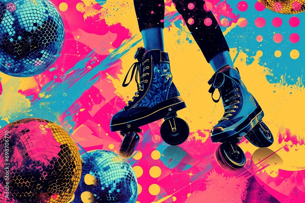 Retro Disco Fever: Roller Skates and Disco Balls in 80s Pop Art Stock ...